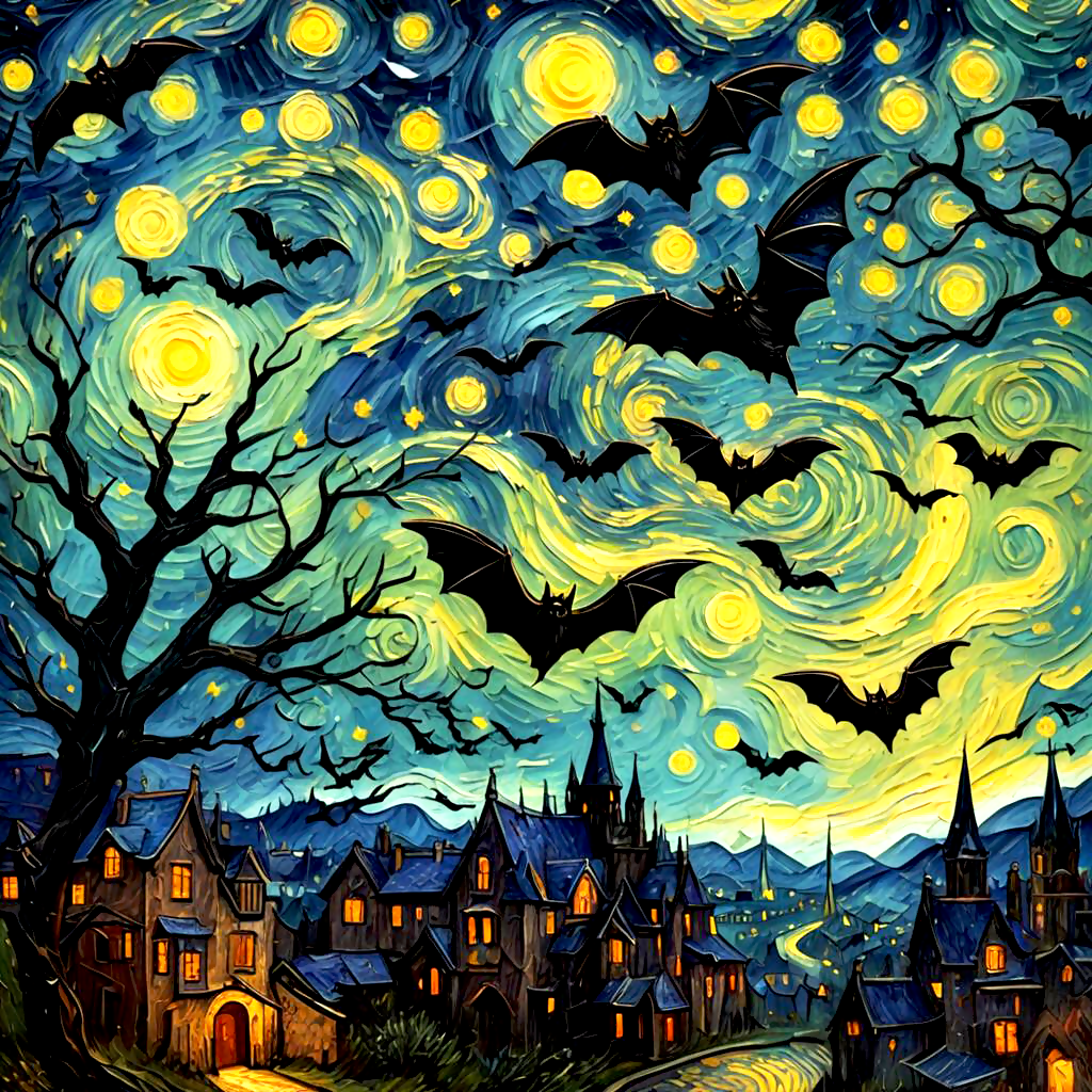 Starry night Halloween village van gogh art