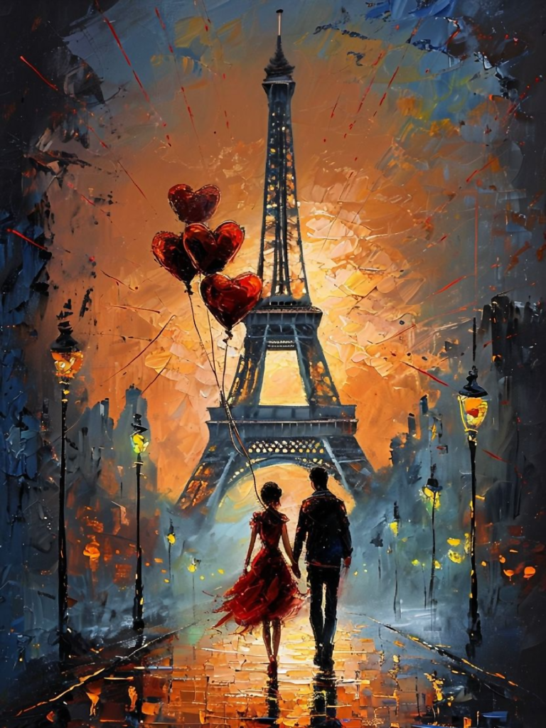 Romantic Stroll in Paris Eiffel Tower Love Scene Digital Art