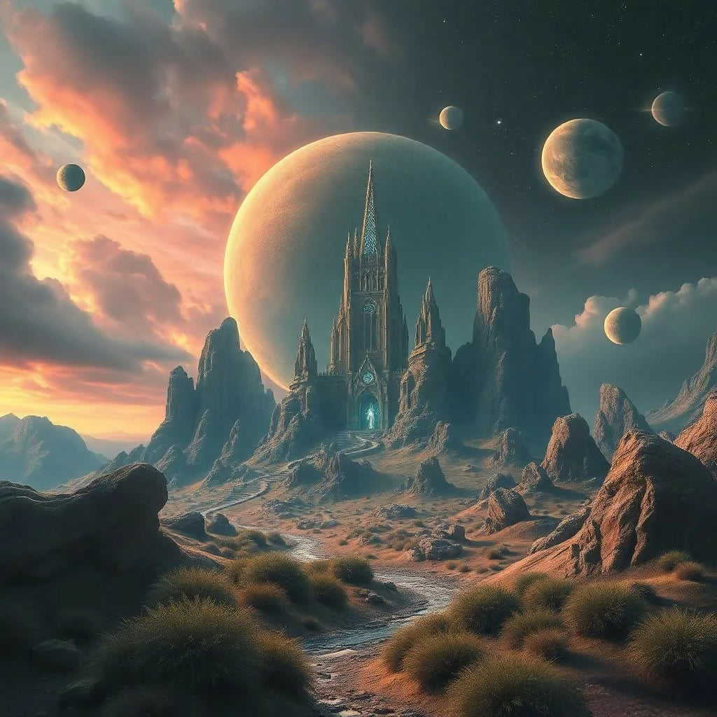 Celestial Gothic Cathedral in Alien Landscape at Dusk with Planets ...