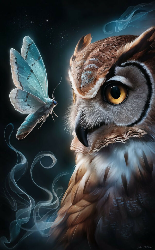 Owl, butterfly, digital art, wildlife illustration, night scene, my...