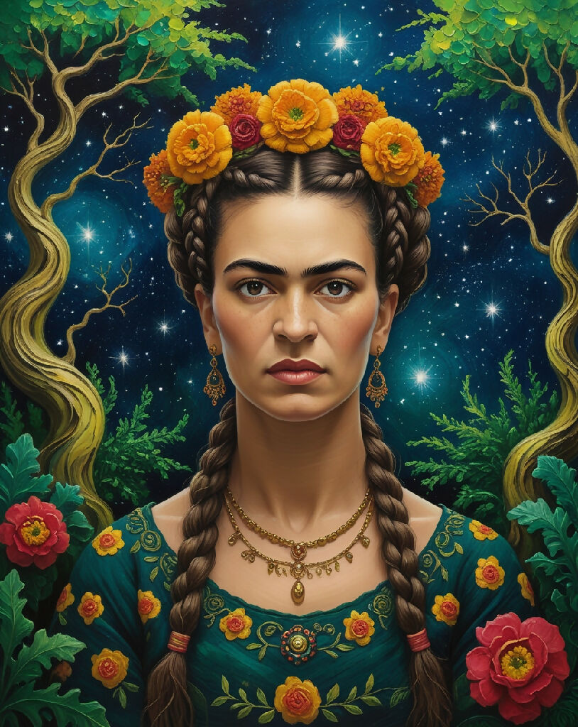 Frida Kahlo Van Gogh Art | Surreal Floral Portrait Print