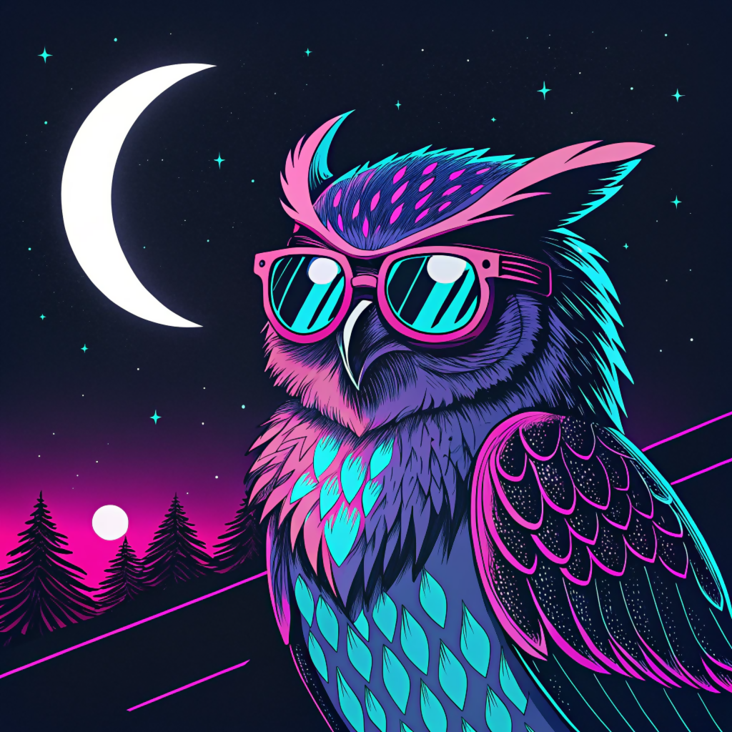 Neon Owl with Sunglasses Retro Futuristic Digital Art, Digital Art,...