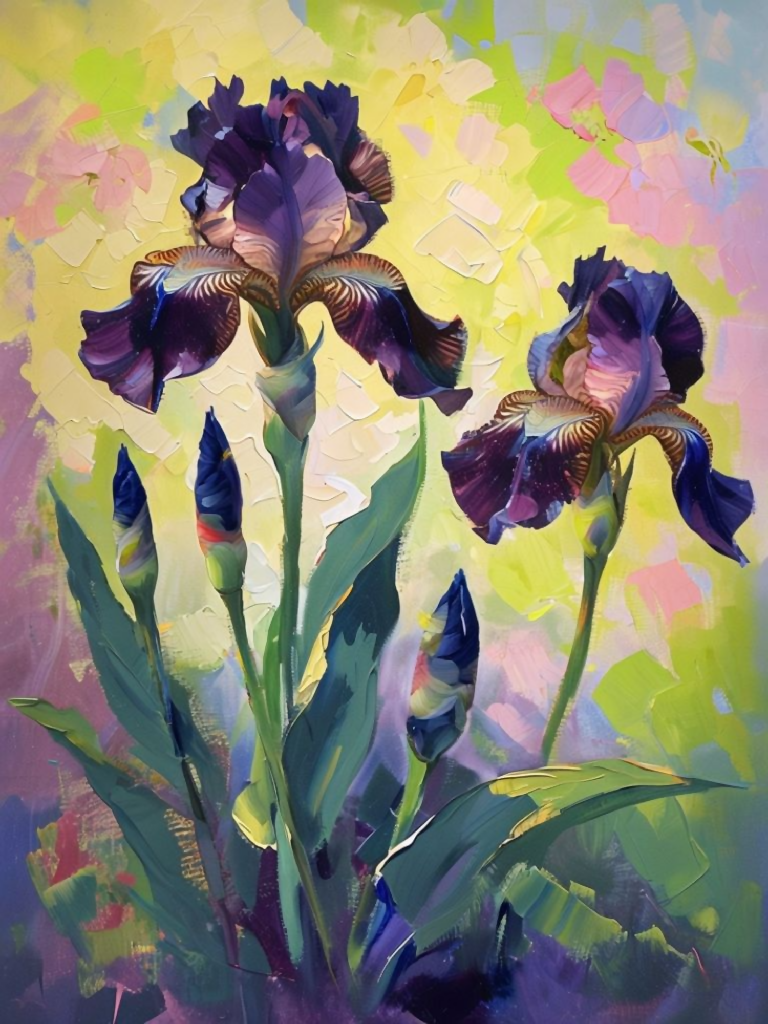 Vibrant Purple Iris Flowers Painting - Impressionist Floral Wall Ar...
