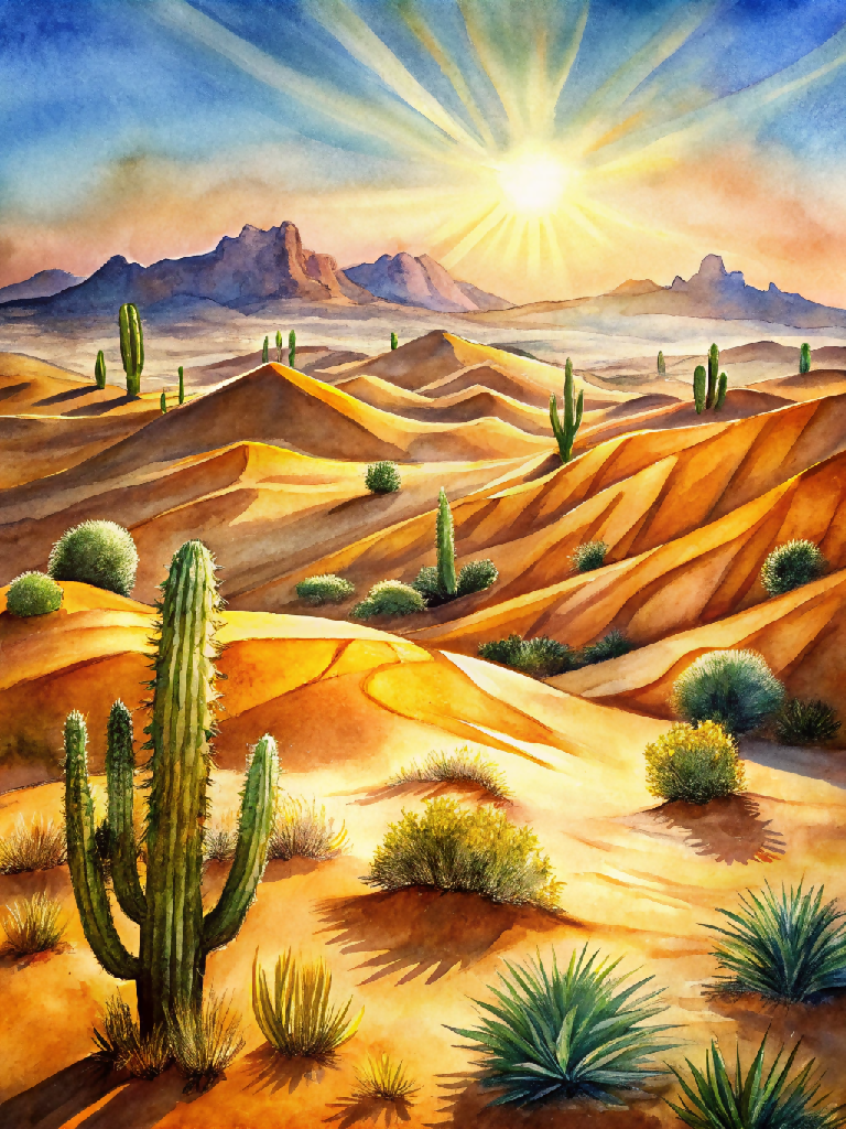 Golden Desert Landscape Art - Vibrant Cactus Scene with Sunlit Sand...