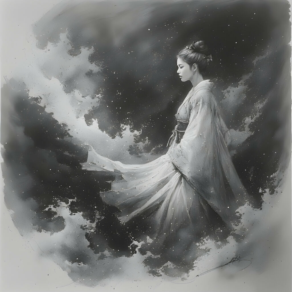 monochrome portrait East Asian attire cosmic background swirling te...
