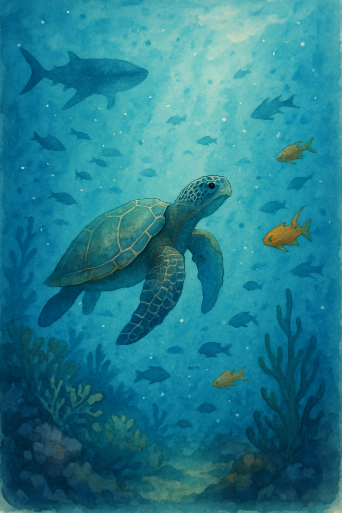Depths of Serenity – Sea Turtle Watercolor Ocean Painting | Marine Art