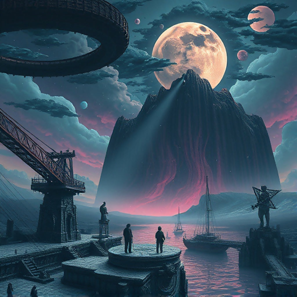 Celestial Ascent – Surreal Sci-Fi Landscape with Moonlit Mountain a...