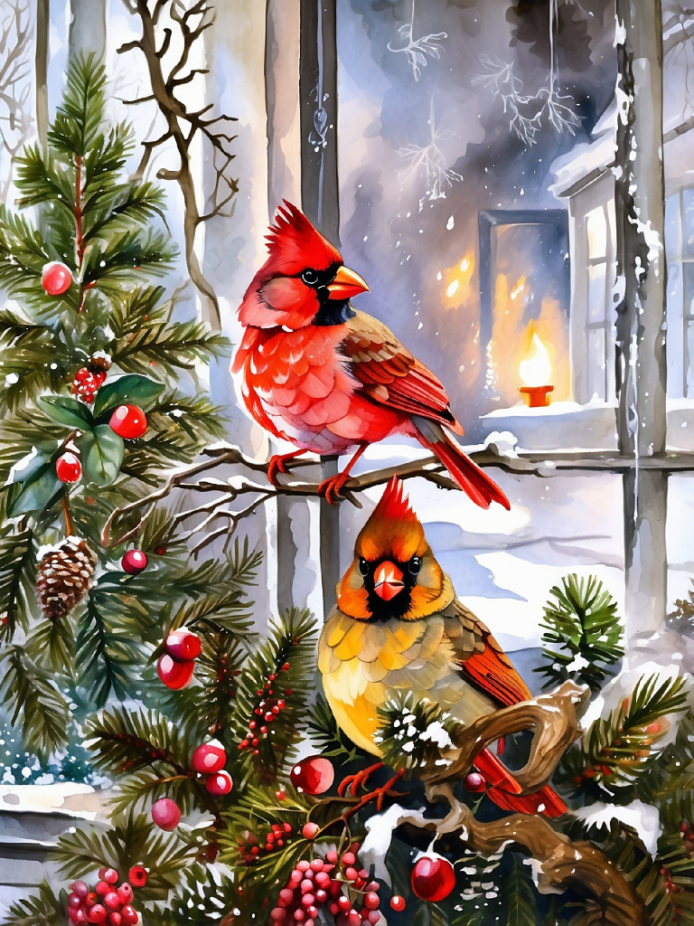 watercolor cardinal, red cardinal, bird, winter