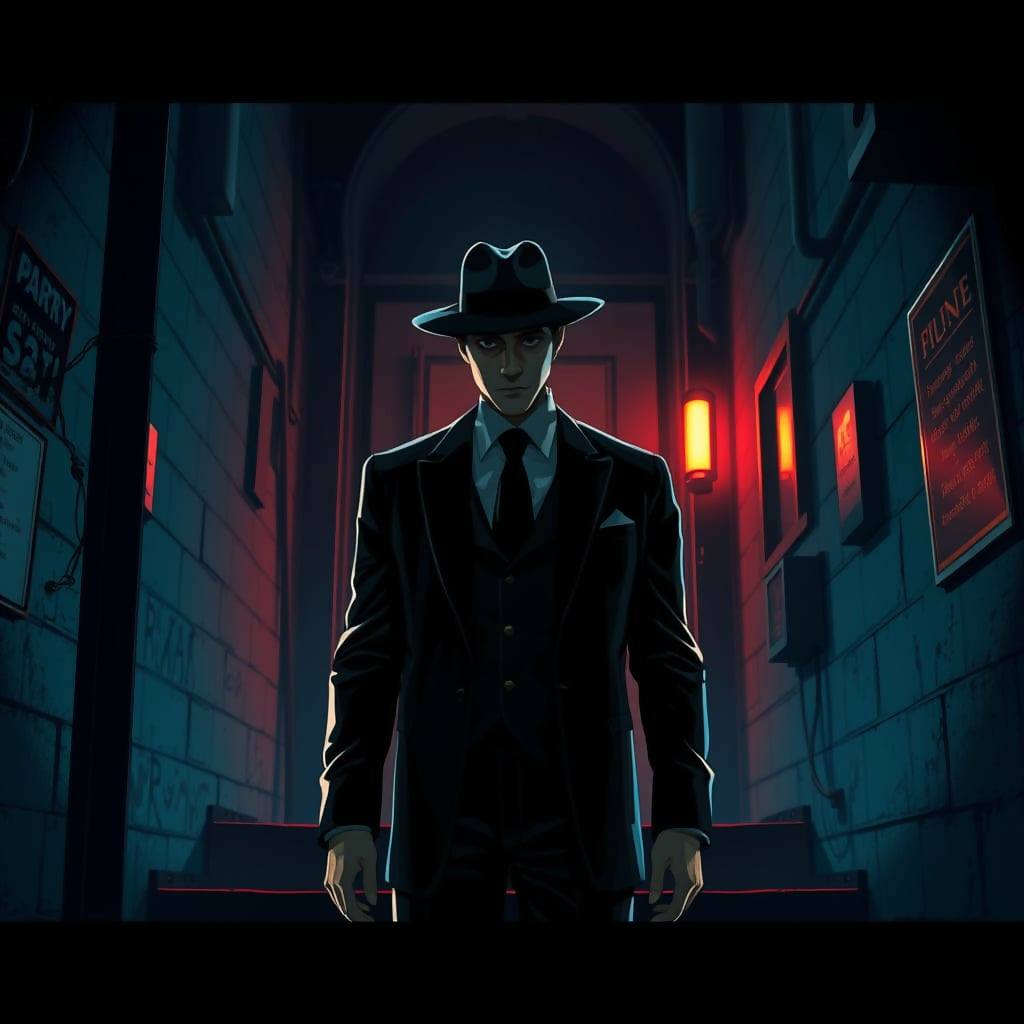 Midnight Enforcer – Noir Detective Art in Shadowy Alleyway