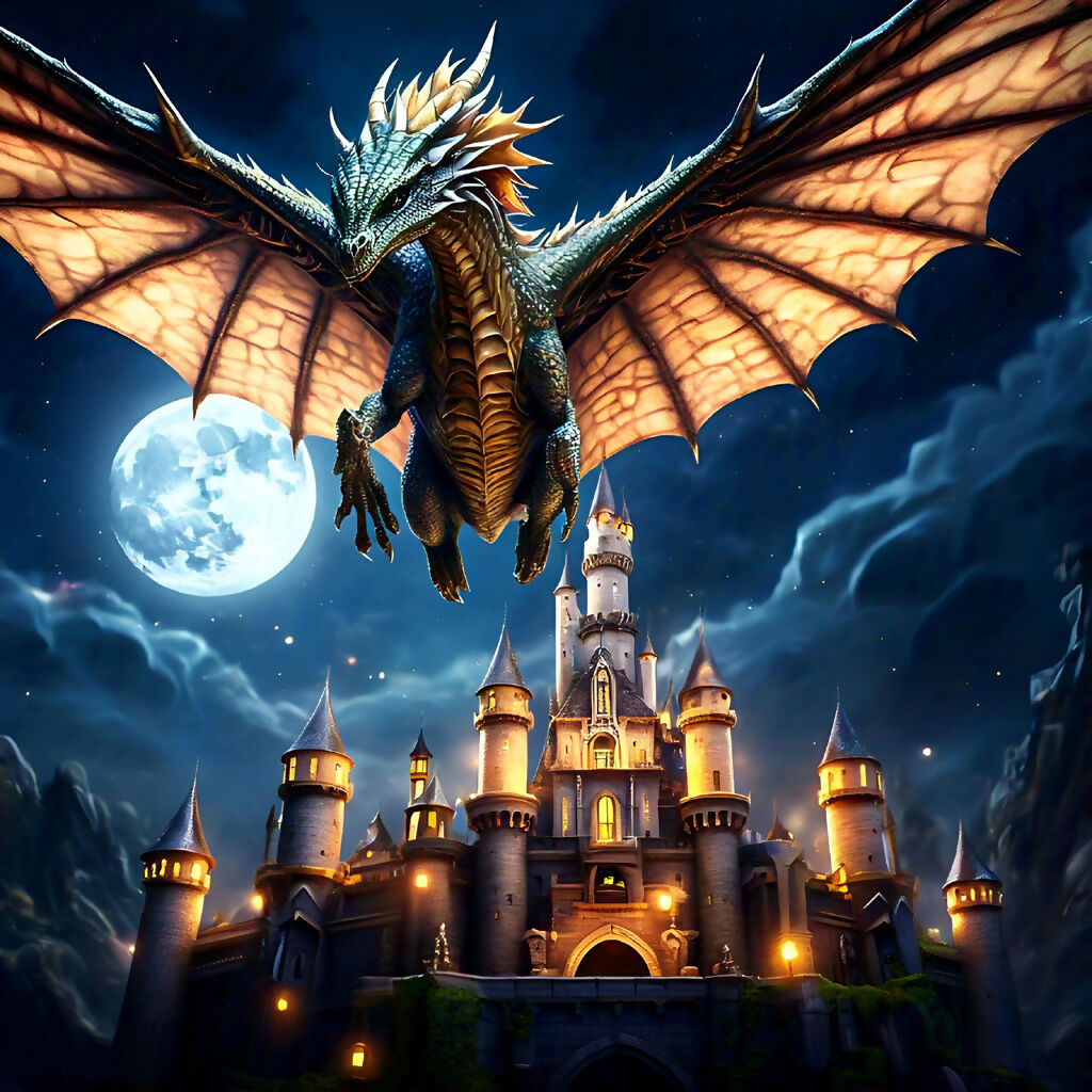 Moonfire Sentinel – Surreal AI Dragon Art Over Castle | Fantasy Wal...