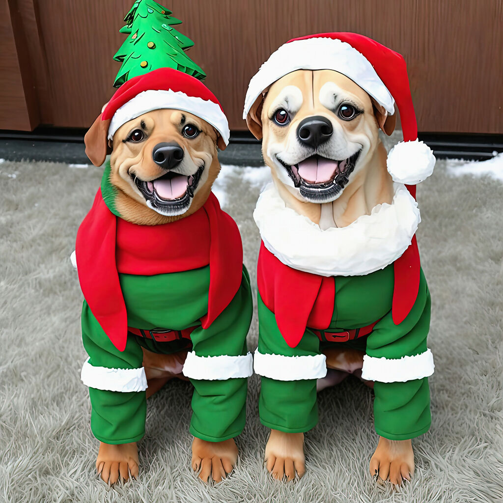 The image features two dogs dressed in Christmas costumes. Both dog...