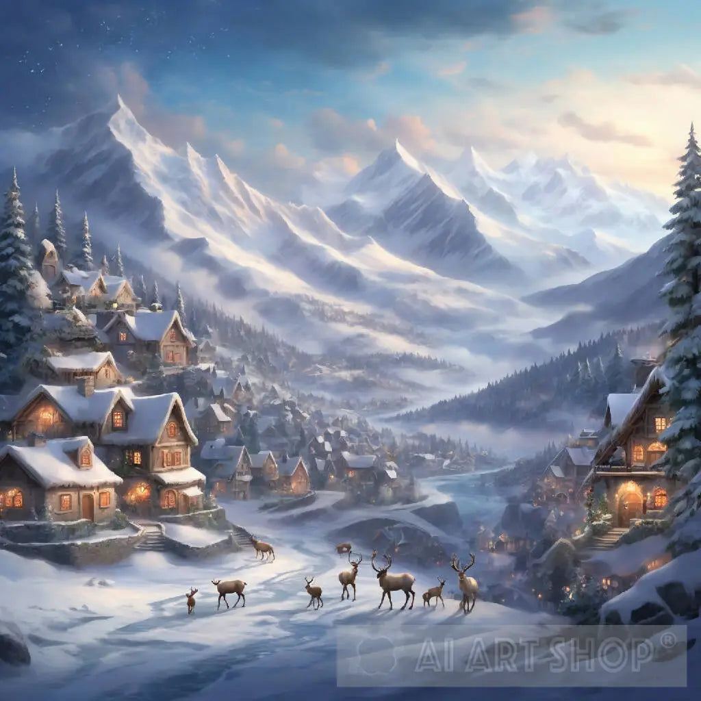 A magical winter wonderland with snow-capped mountains