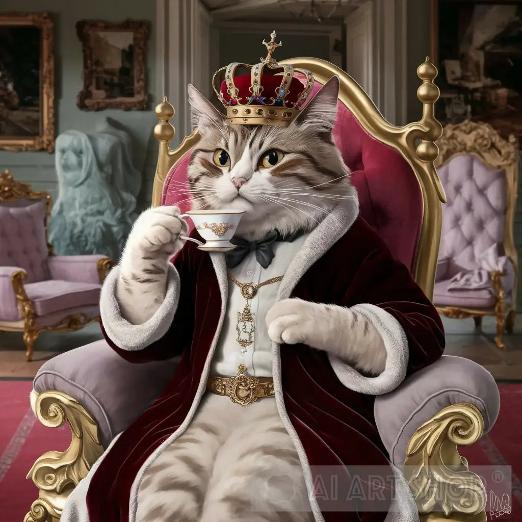 A ROYAL CAT DRINKING TEA ON A THRONE