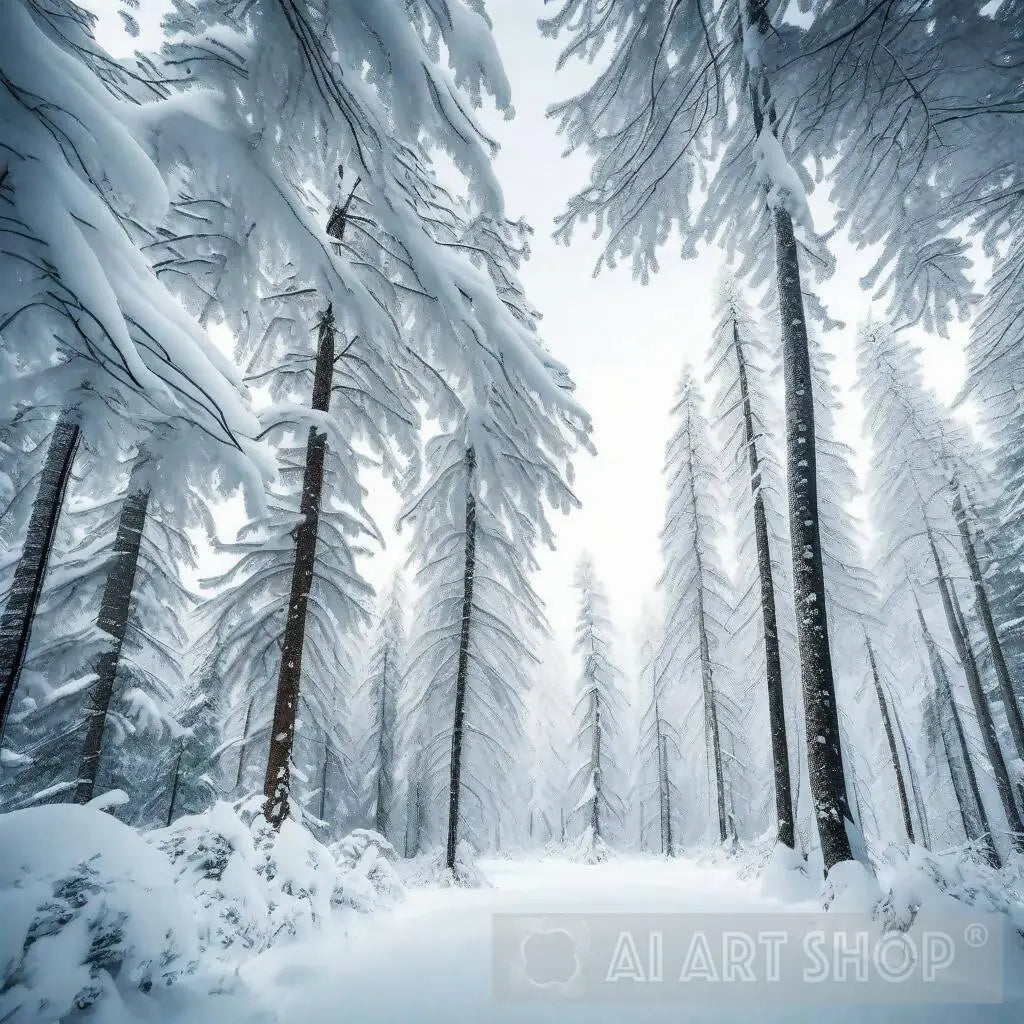 A snowy forest, with tall evergreen trees, dusted in white