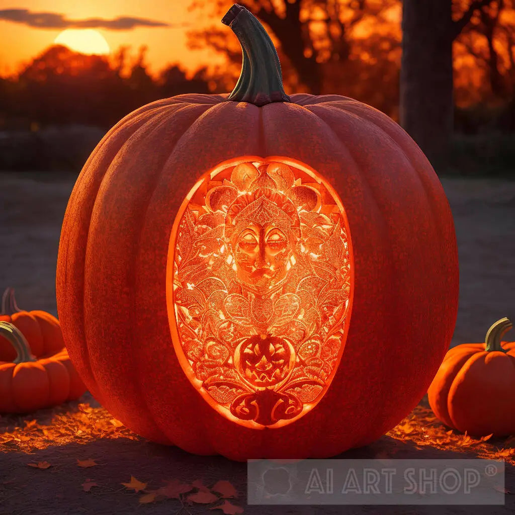 A vibrant orange pumpkin, carved with intricate designs