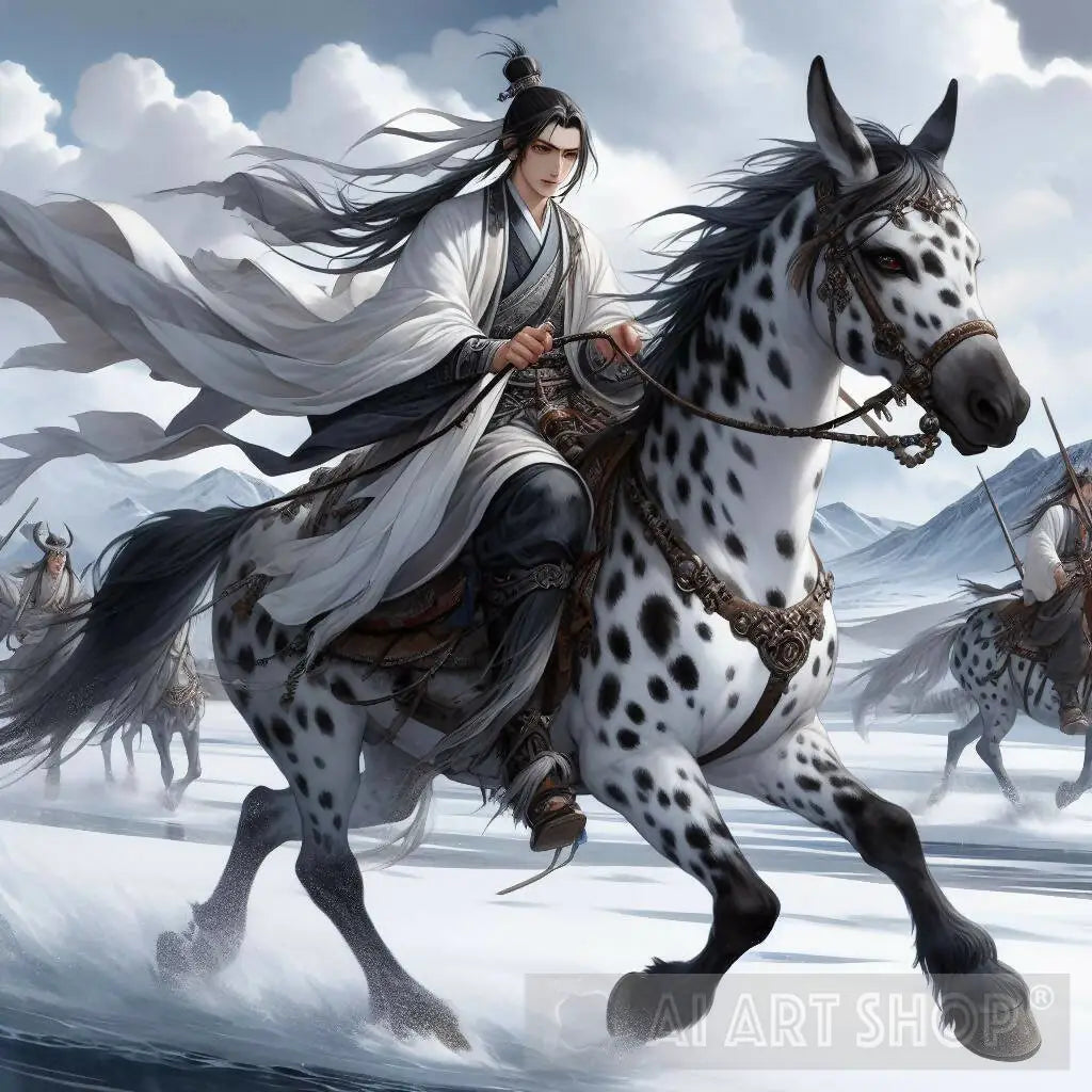 Ancient Chinese Hero Riding a Spotted Horse Through the Snow