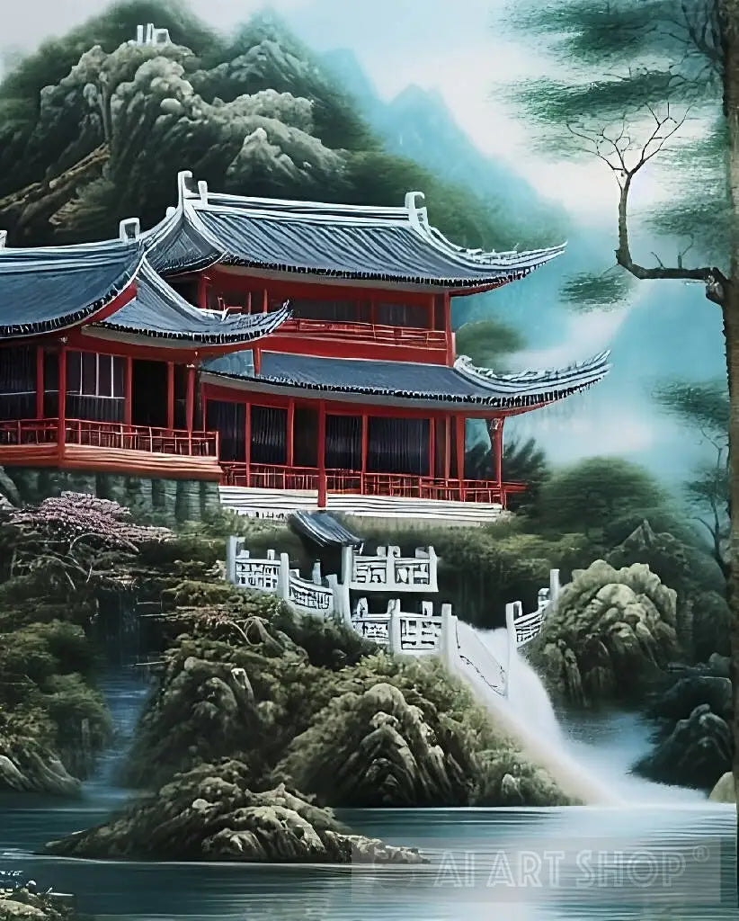 Asian Shrine Waterfall 2 Of Set