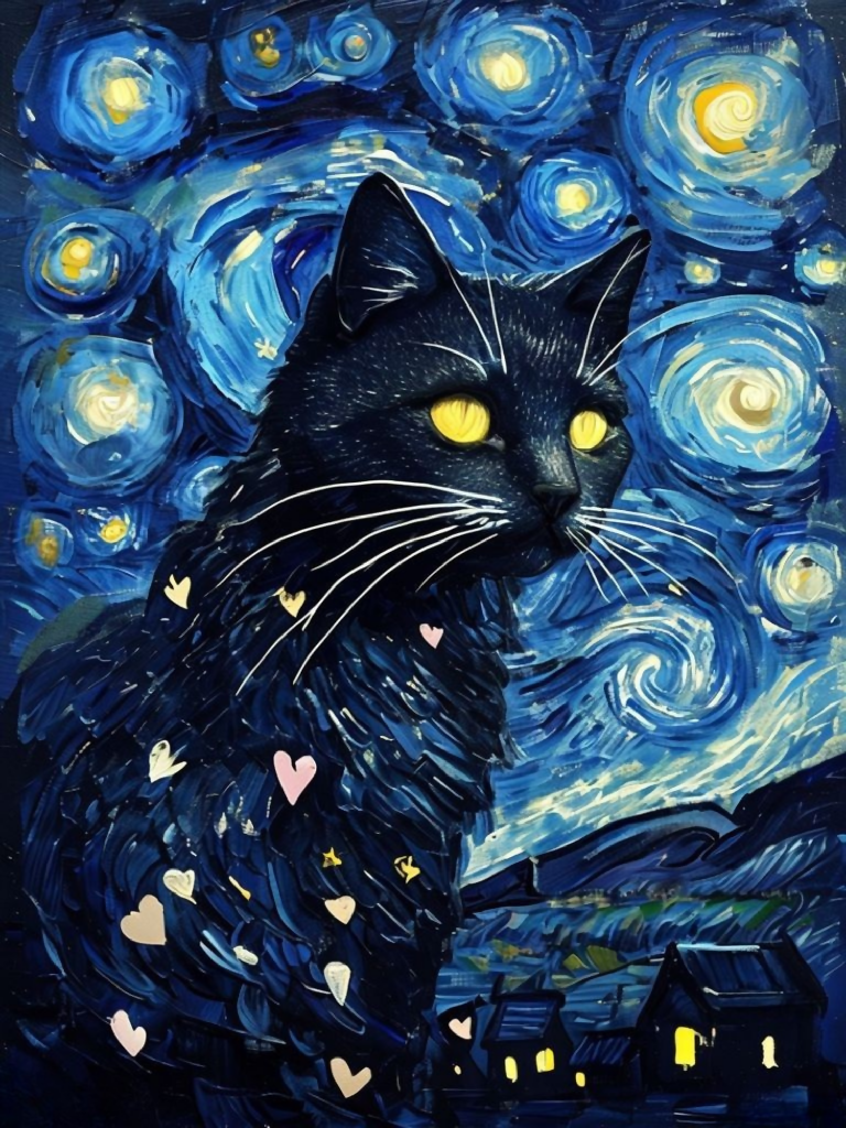 Starry Night Black Cat Digital Art Print - Van Gogh Inspired Feline...