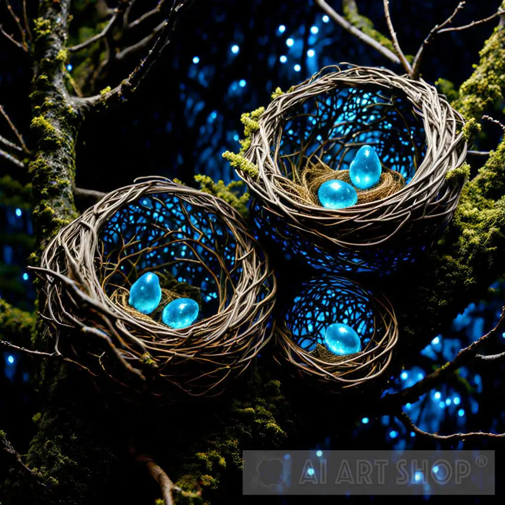 Bioluminescent Bird Nests: AI Art Inspiration