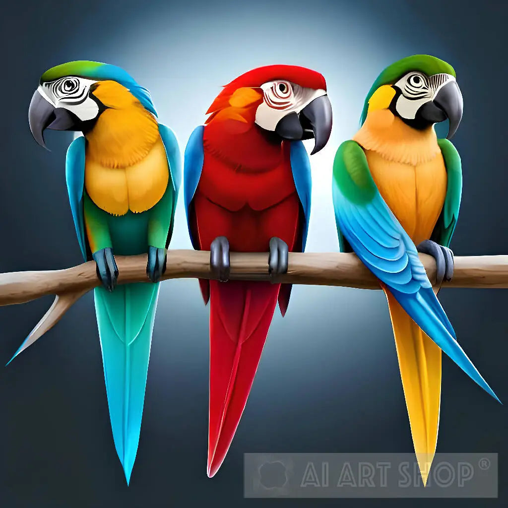 Collection of birds, flying macaw parrots set isolated on blue back...