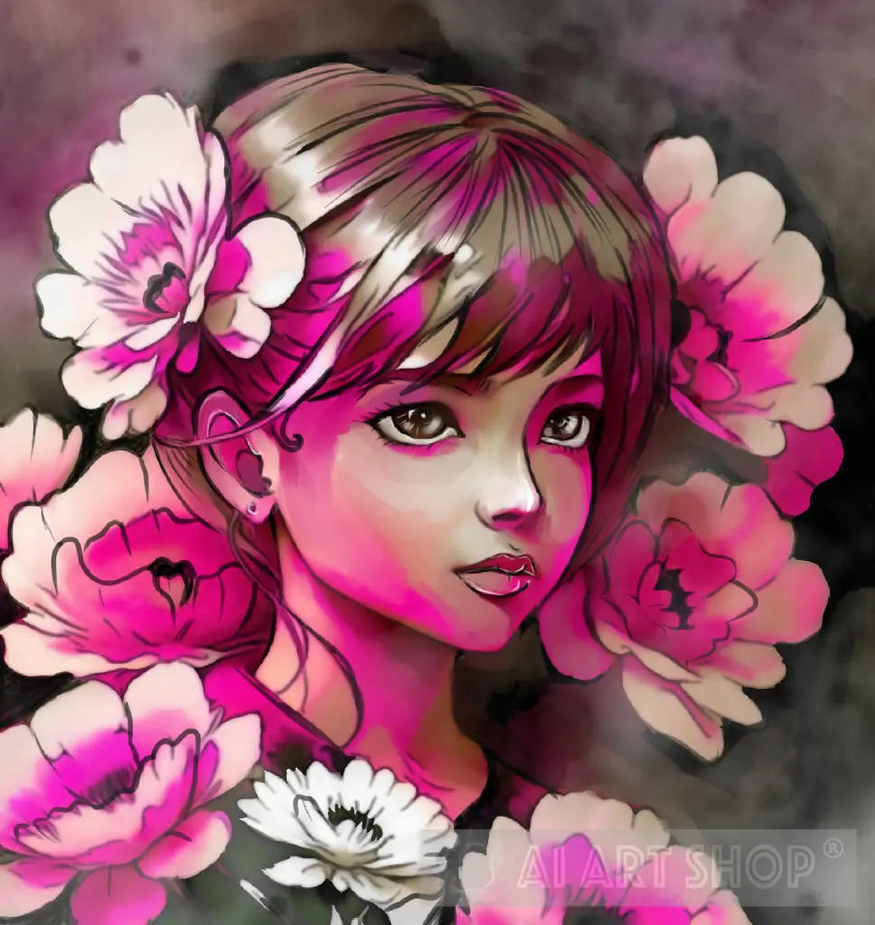 Determined flower girl pink ai portrait girl brunette for sale