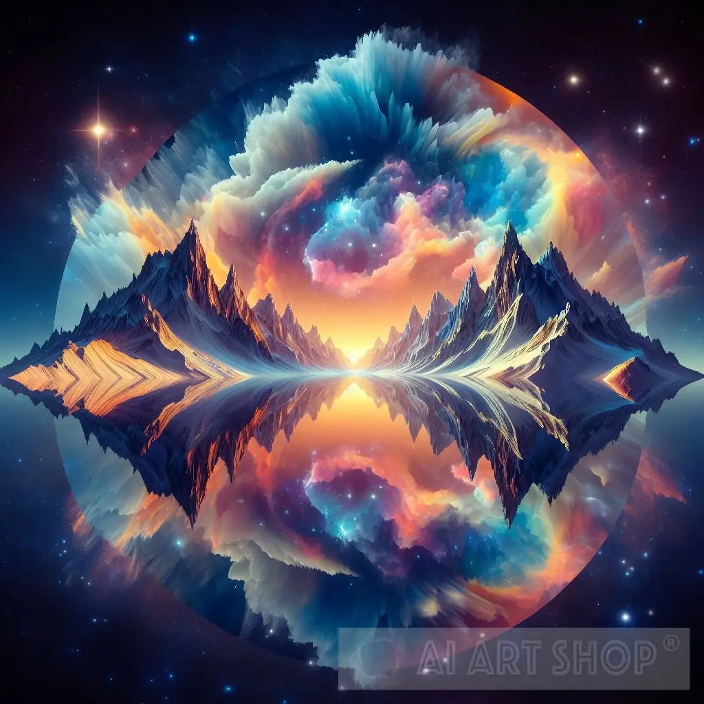 Surreal digital artwork depicting vibrant, swirling cosmic landscape.