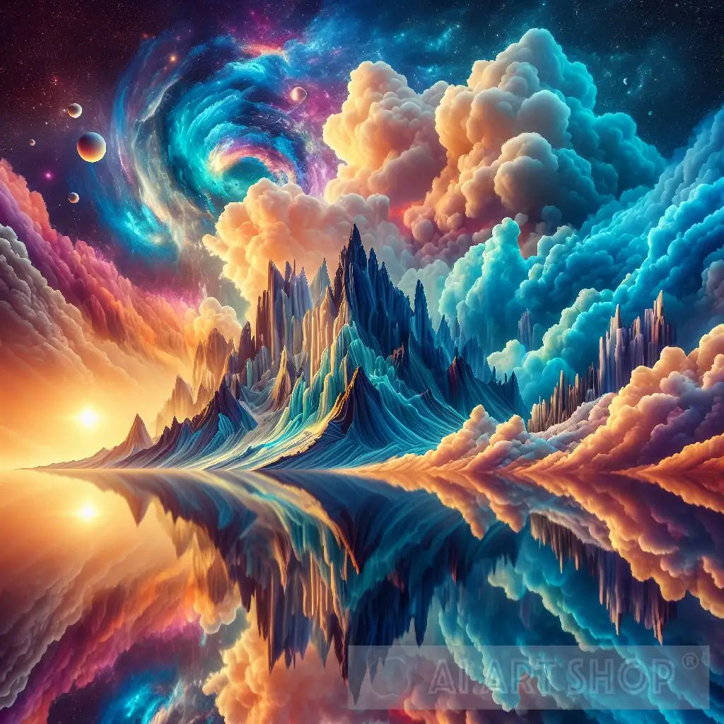 Surreal digital artwork depicting vibrant, swirling cosmic landscape.
