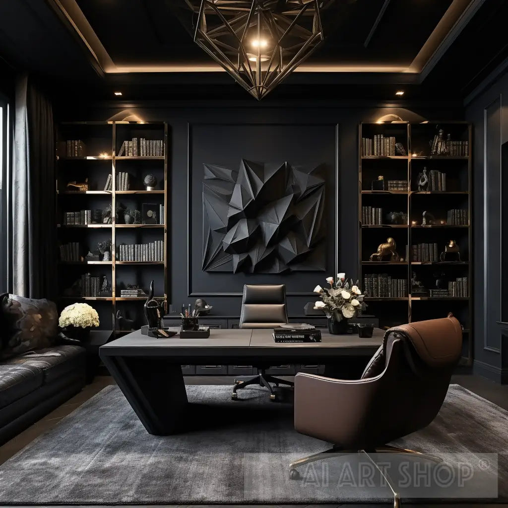 Elegant and Luxurious Home Office Photo Modern Design in Black, Gol...