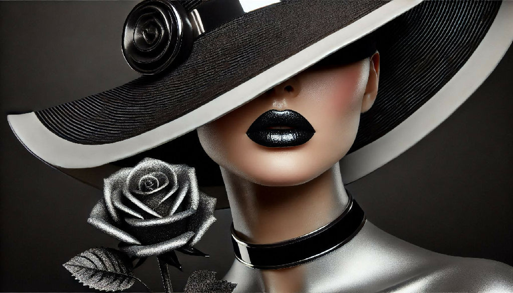 Frau mit schwarzem Hut und Rosen