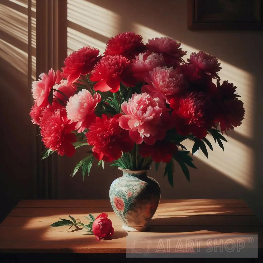 Full Vase of Red and Pink Peonies