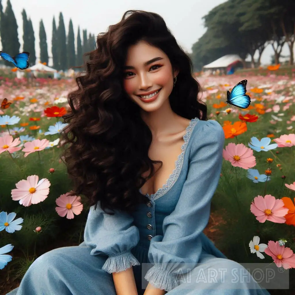 olorful flowers everywhere, some blue and orange butterflies, perfe...