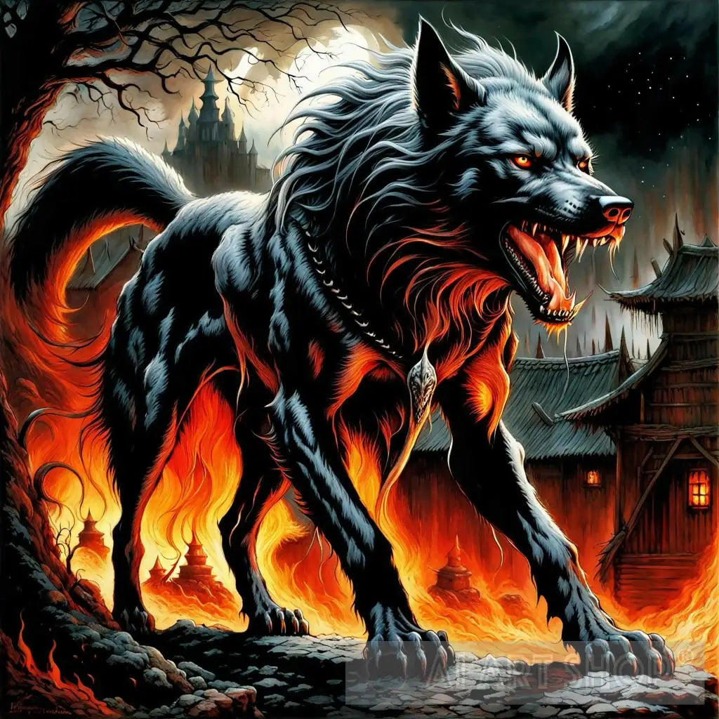 hellhound, evil dog, burning village, fantasy
