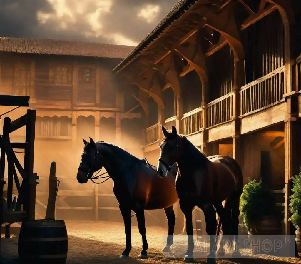 Horses near the stable
