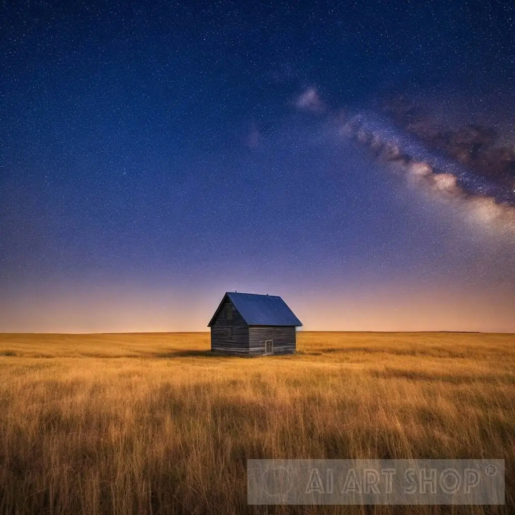 Landscape, Nature, Prairie, Grassland, Little House, Night.