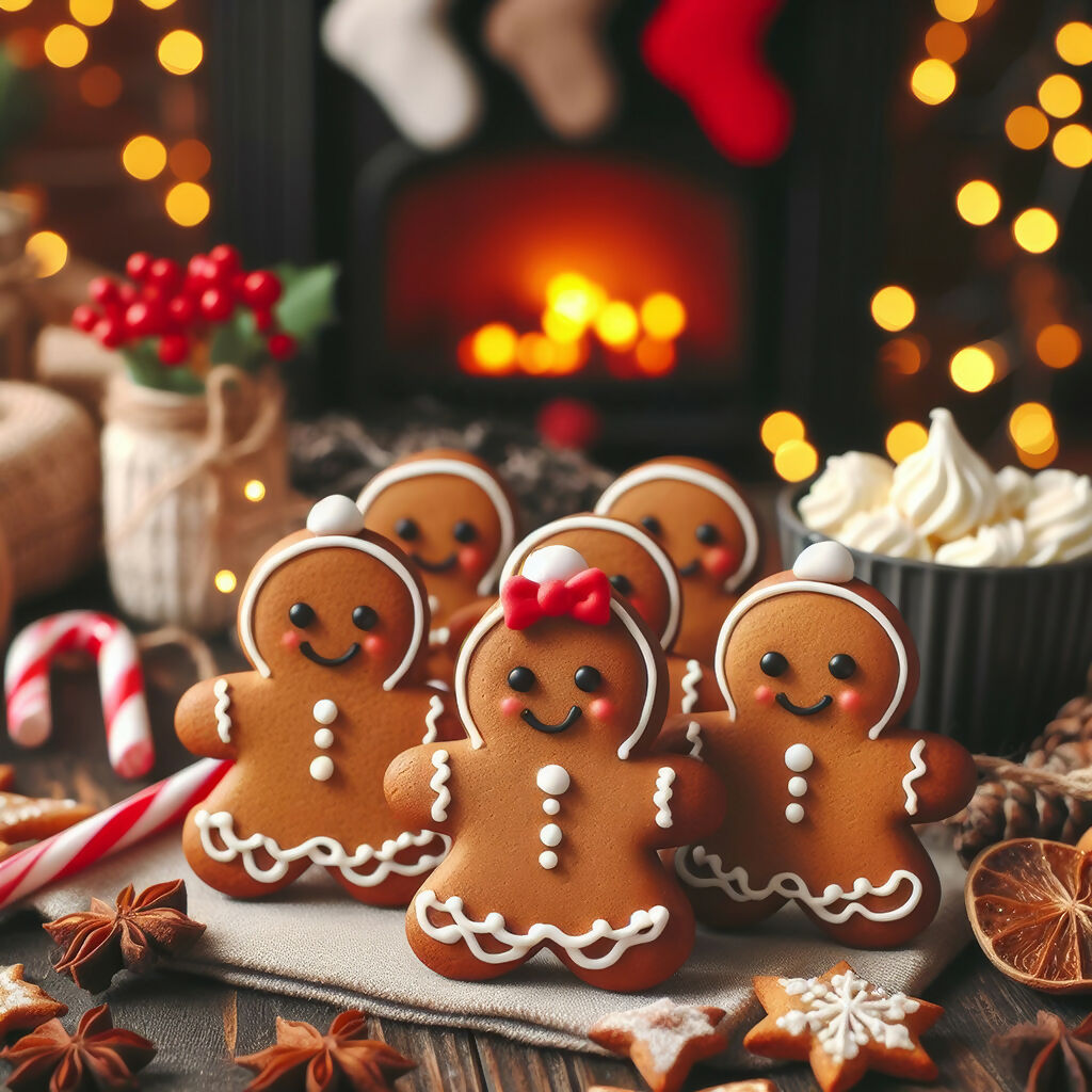The image shows a group of five gingerbread men cookies arranged on...