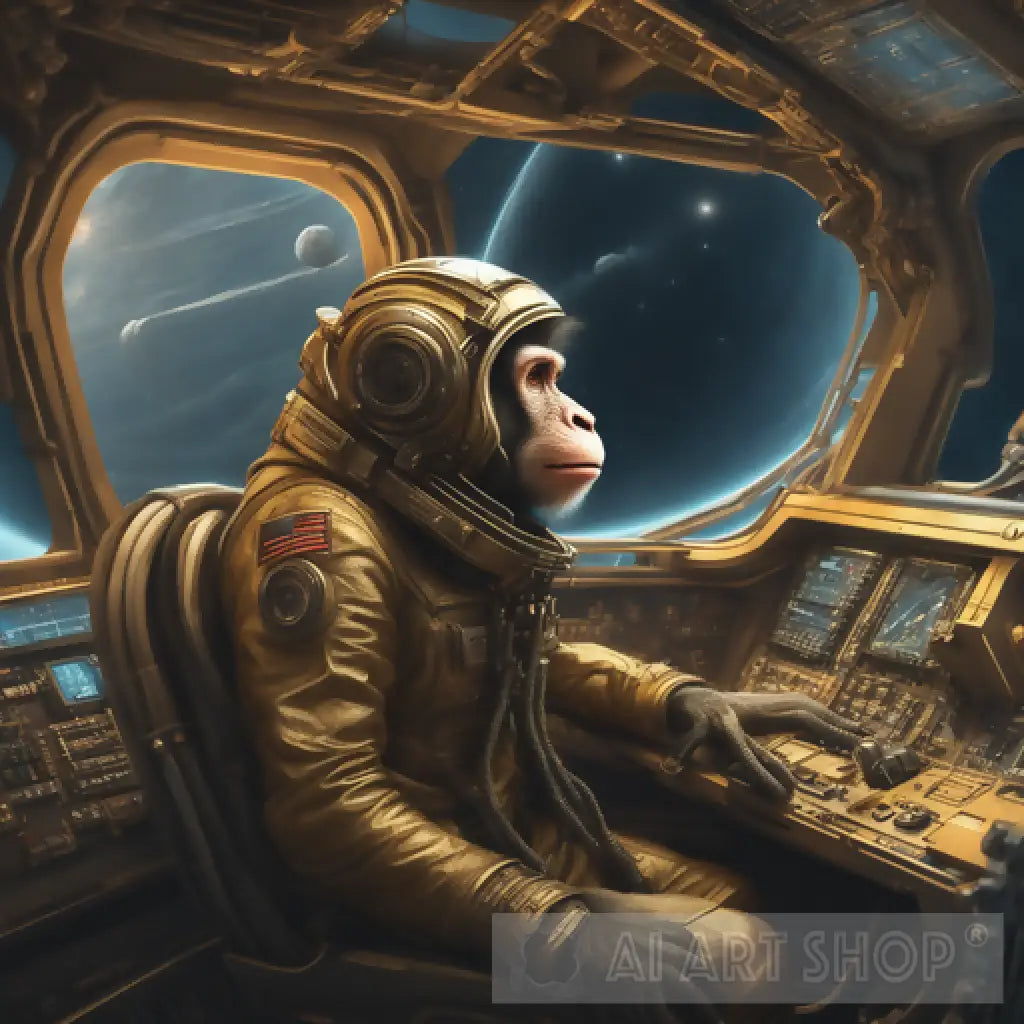 Monkey sitting in cockpit, piloting a rocket into space, sf, intric...