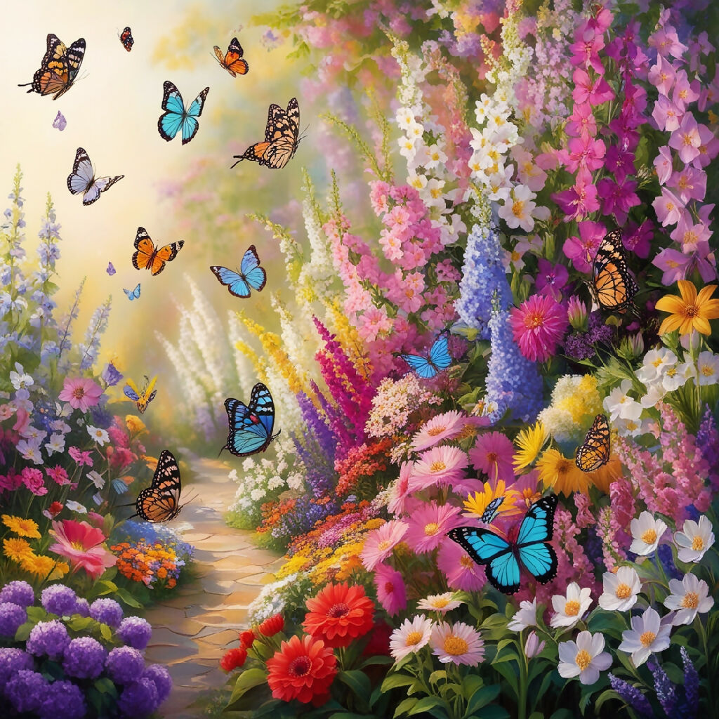 Butterfly Ballet: Enchanting Flower Garden Art - Vibrant Nature Scene