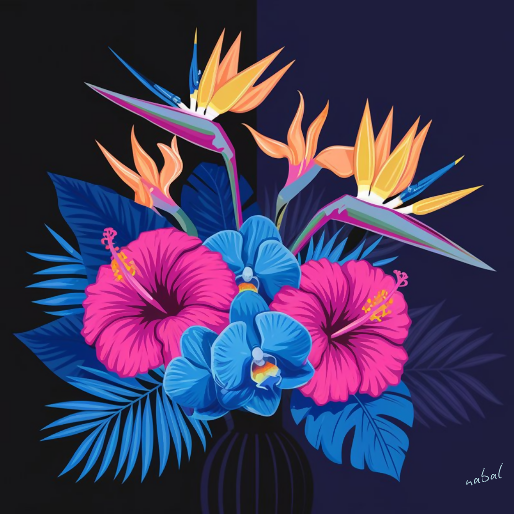 Bold tropical floral bouquet featuring hibiscus, orchids, and bird ...