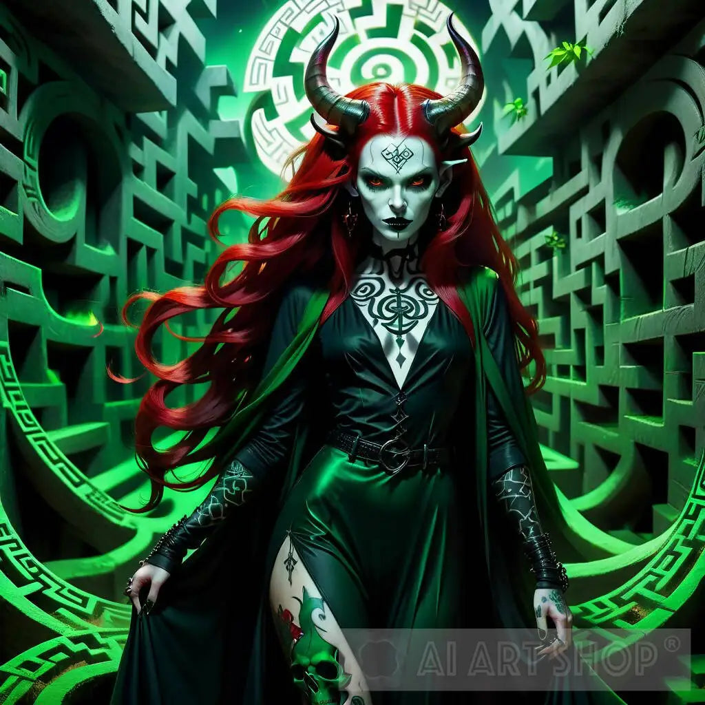 beautiful she devil in fabulous green with flowing red hair