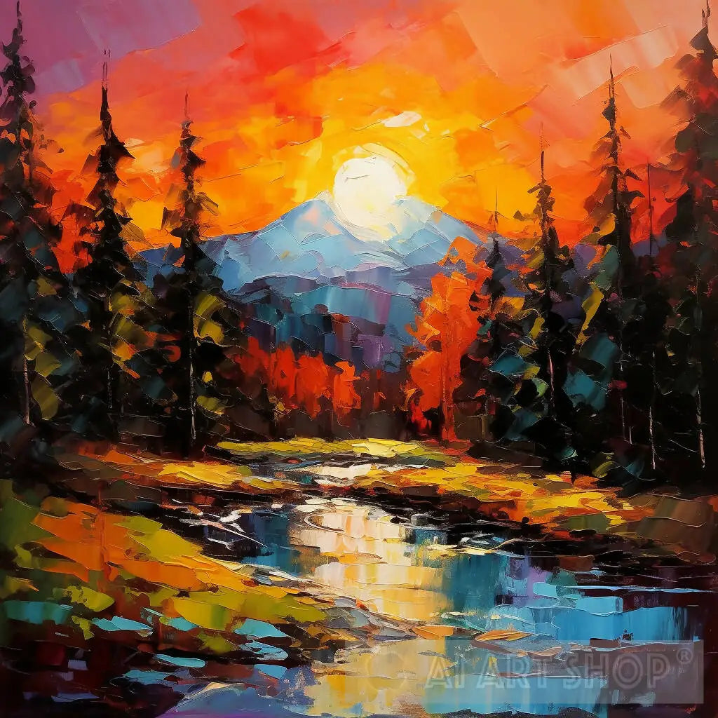 Sunset, painting, trees, beautiful, colorful, landscape