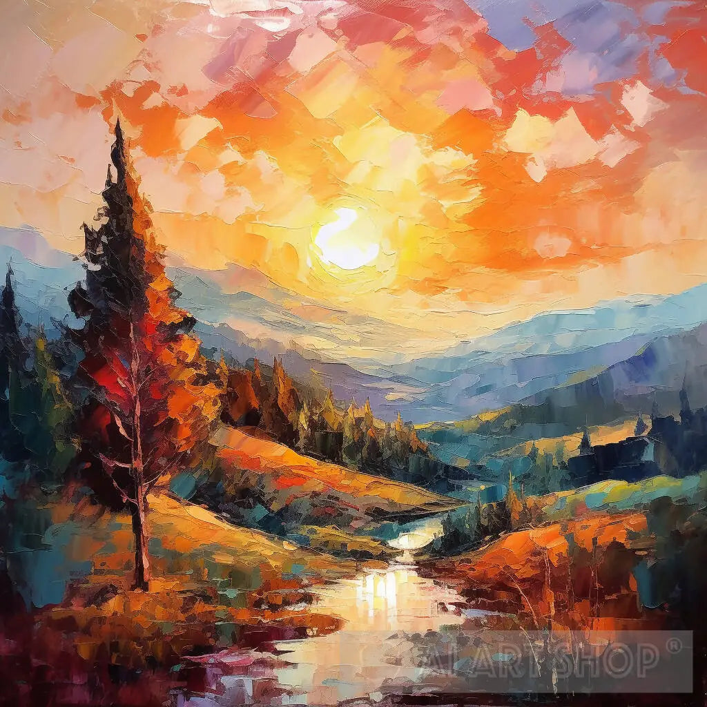 Tree, sunset, orange, painting, ai art, landscape