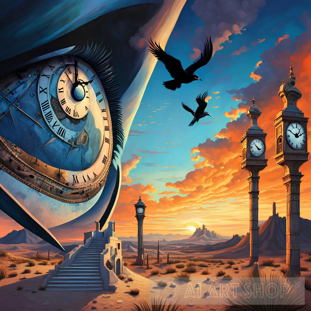 Surreal desert landscape with giant eye, clock towers, and crows. A...