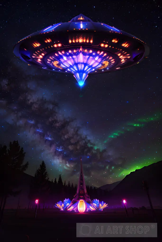UFO, psychedelic, psychAIdelic, black light, spaceship, neon, sky,