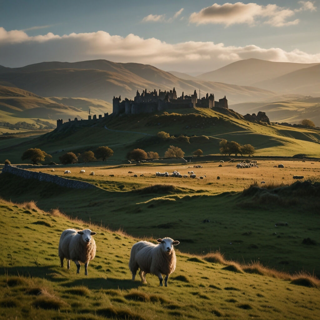 A serene highland landscape with rolling hills, grazing sheep, and ...