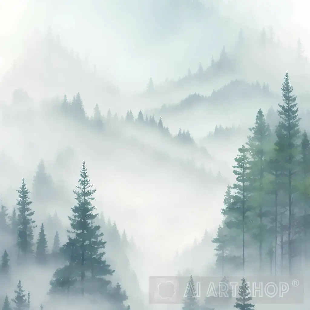 Watercolor Pine Forest Mountains in the Fog