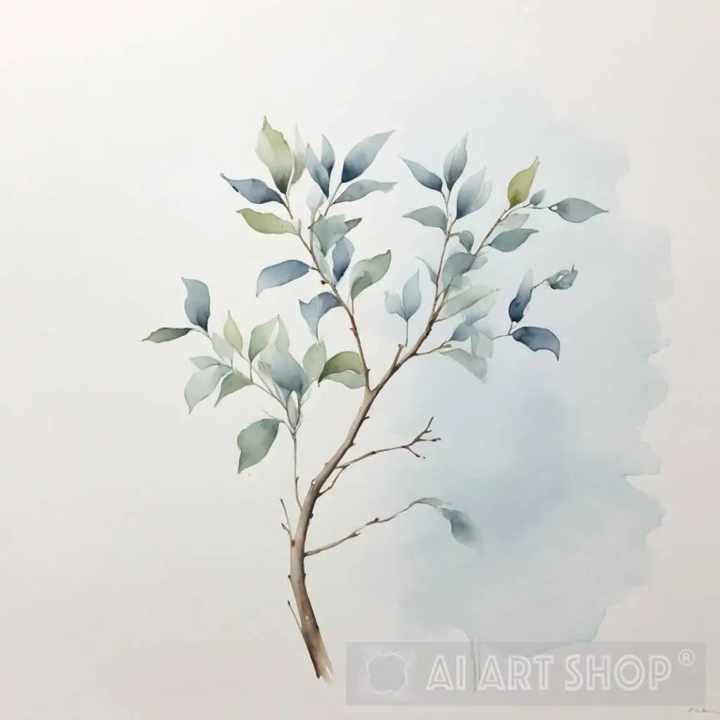 Watercolor Painting of Tree Branch with Leaves