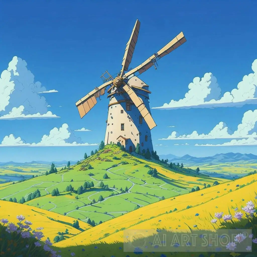 Landscape, Nature, Windmill, Cloud, Wildflowers, Hill, Peaceful