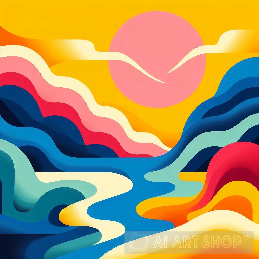 Vibrant abstract landscape painting with bold colors, flowing hills...