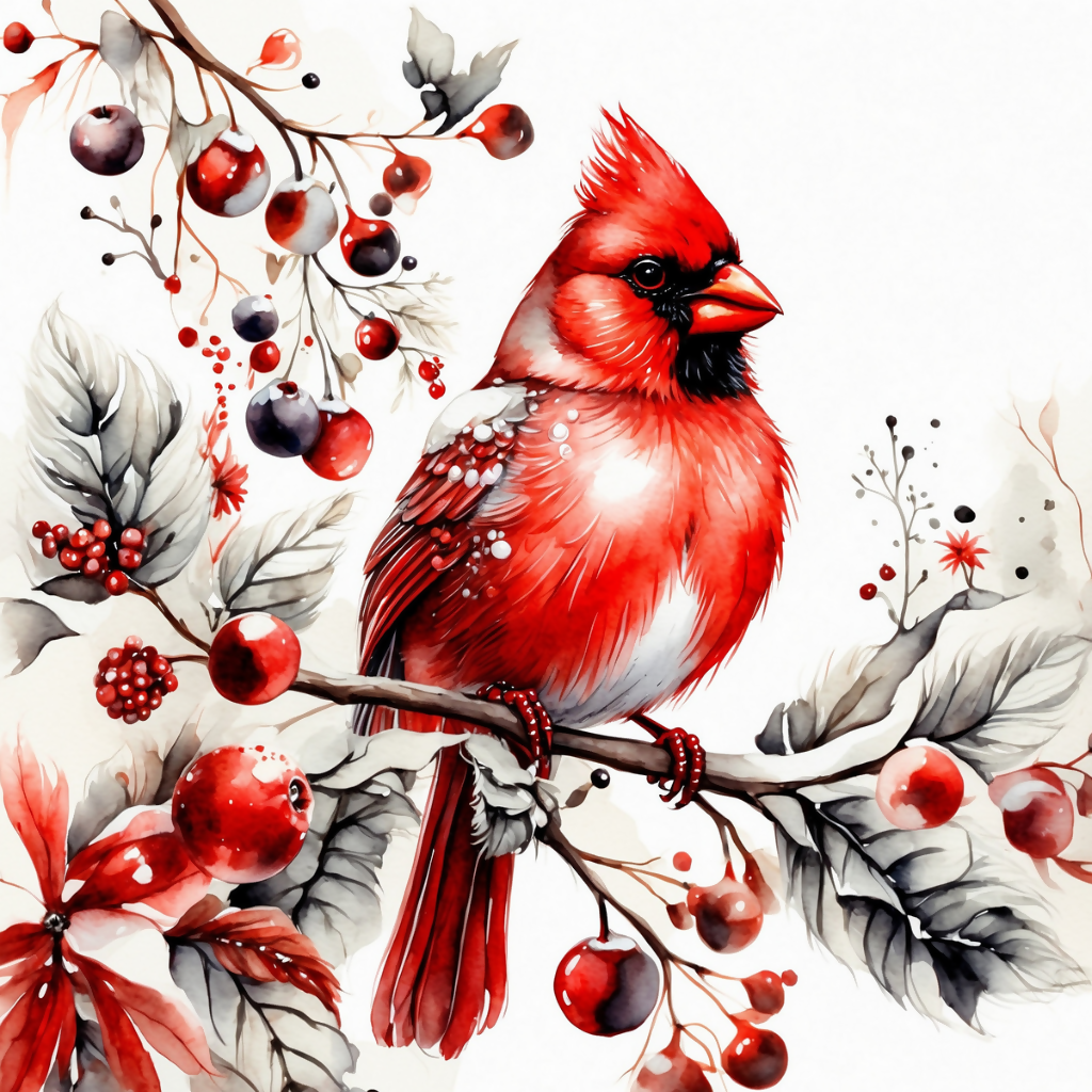 red cardinal illustration, red cardinal in winter, christmas red ca...