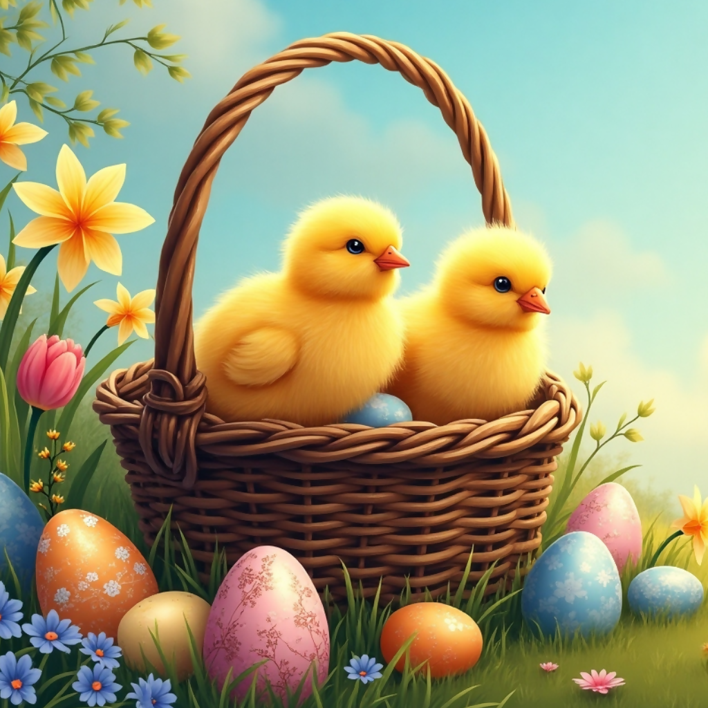 easter spring garden, easter painted eggs, easter chicks in basket